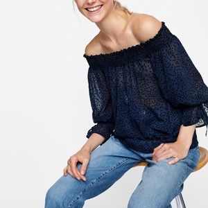 Zara | Tops | Zara Navy Blue Textured Dotted Mesh Top | Poshmark